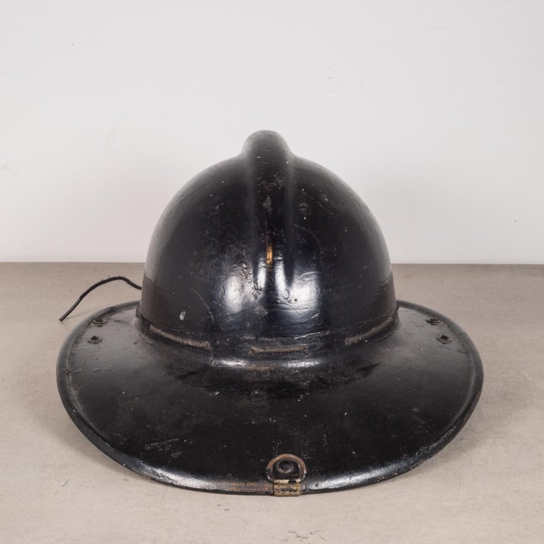 Black Fireman's Helmet with Leather Shield, circa 1940-1950 For Sale at 1stDibs