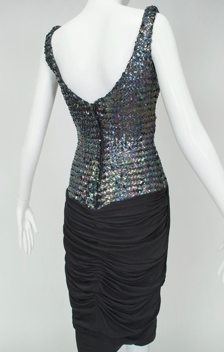 Black Fish Scale Sequin Sheath Dress with Draped Ruched Hobble Skirt ...