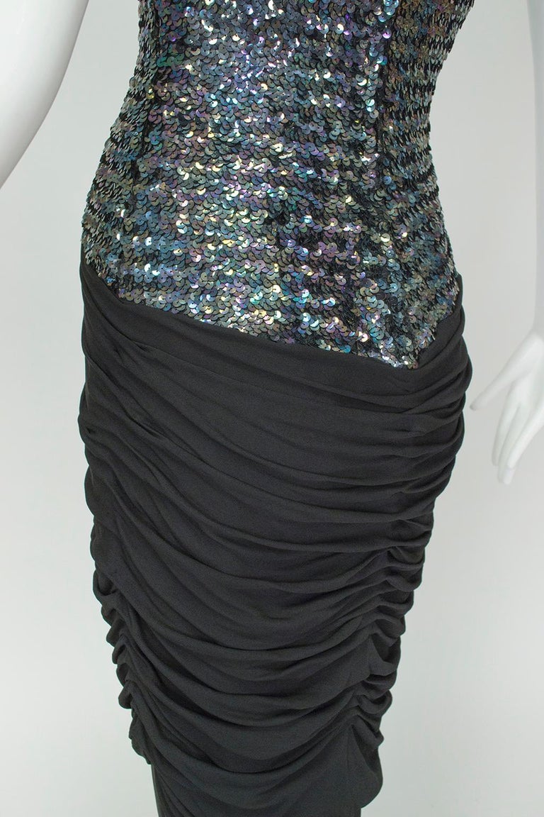 Black Fish Scale Sequin Sheath Dress with Draped Ruched Hobble Skirt ...