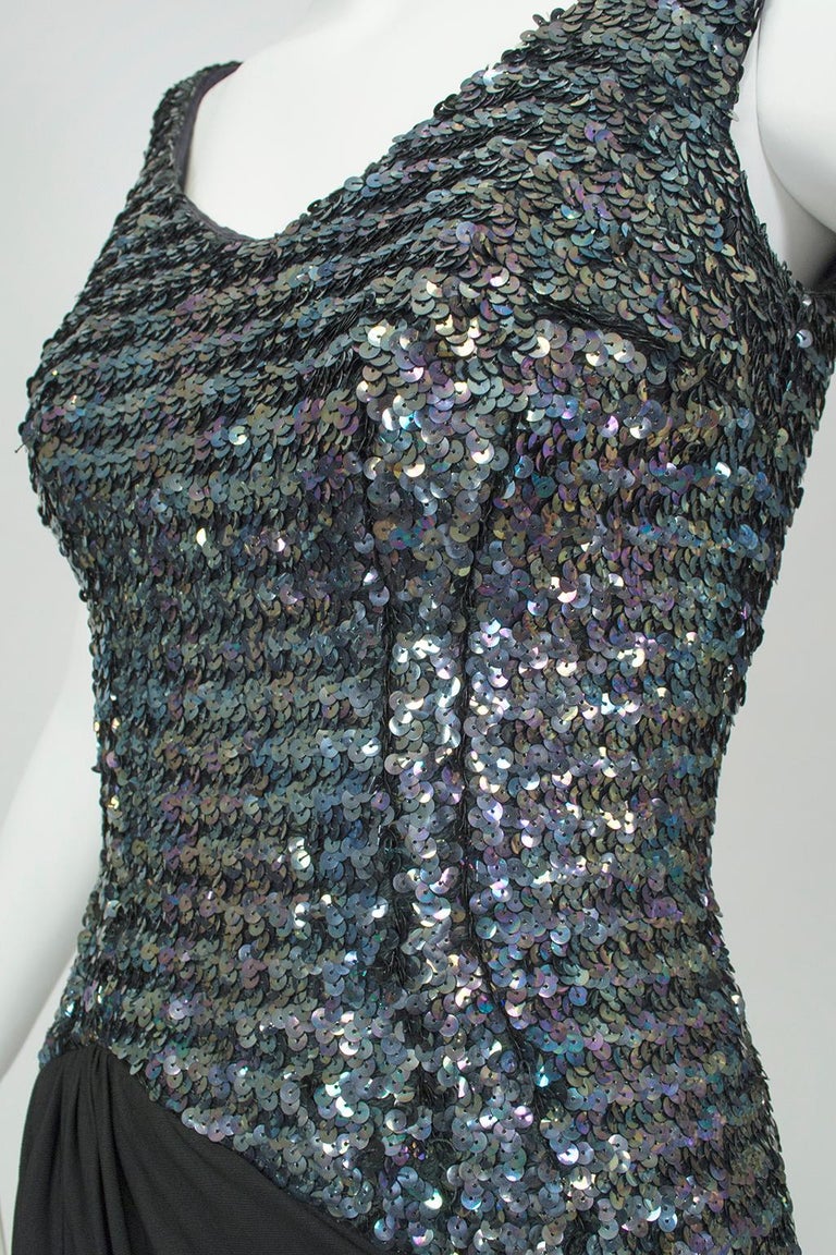 Black Fish Scale Sequin Sheath Dress with Draped Ruched Hobble Skirt ...