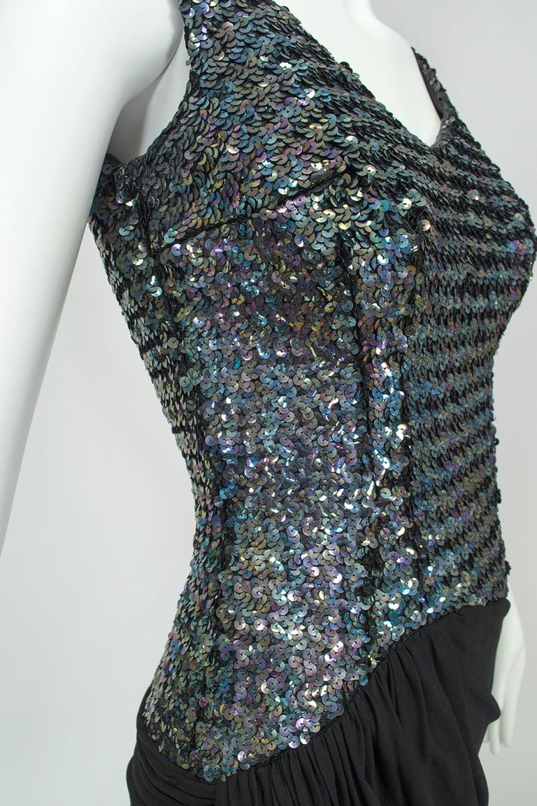 Black Fish Scale Sequin Sheath Dress with Draped Ruched Hobble Skirt ...