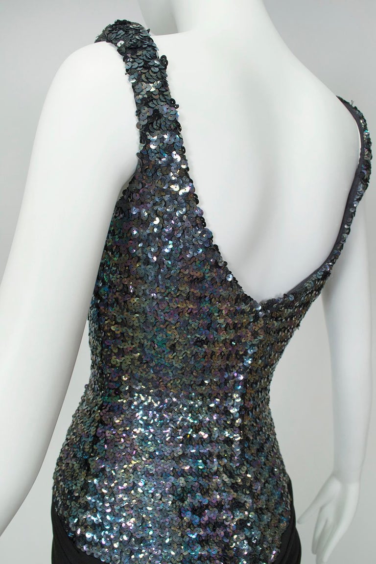 Black Fish Scale Sequin Sheath Dress with Draped Ruched Hobble Skirt ...