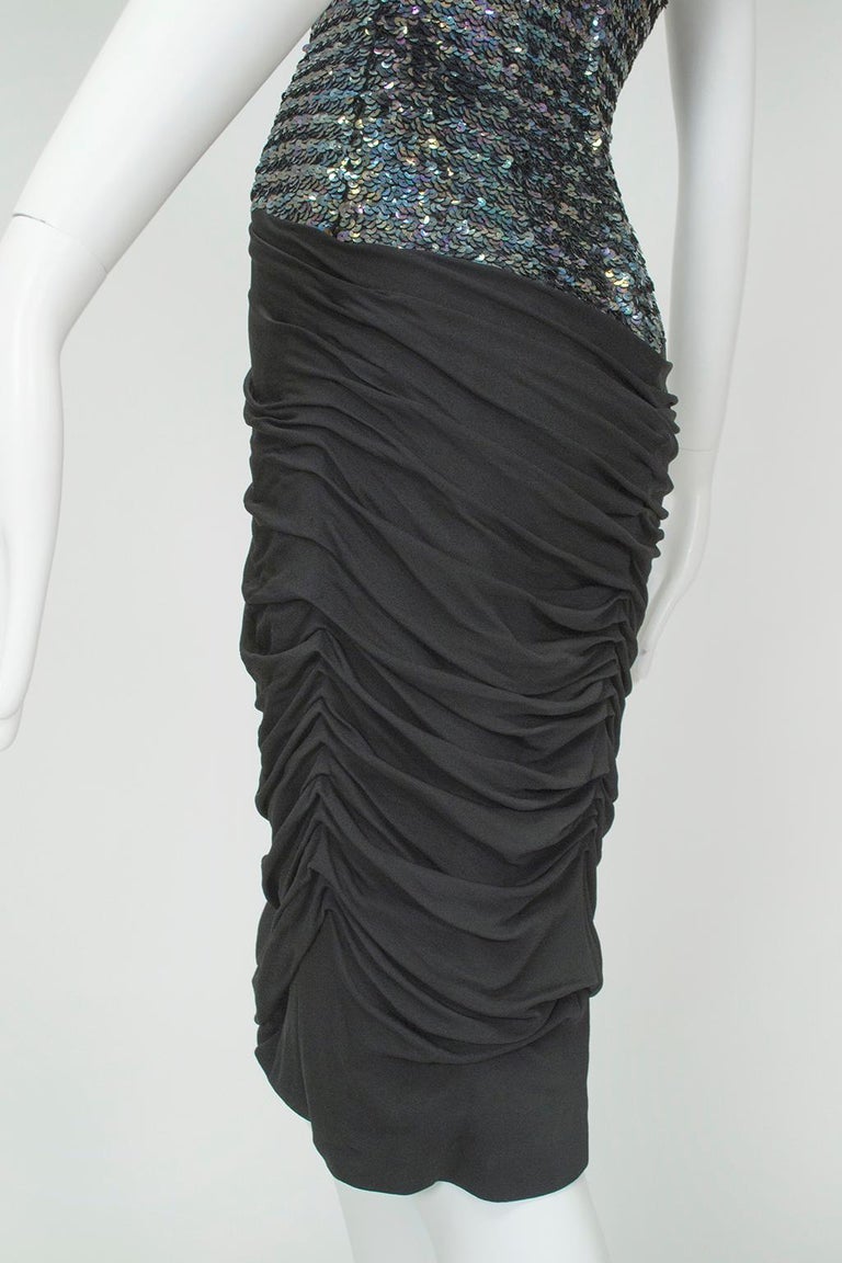 Black Fish Scale Sequin Sheath Dress with Draped Ruched Hobble Skirt ...