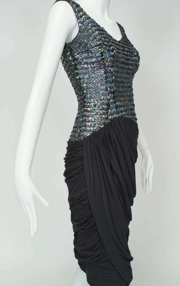 Black Fish Scale Sequin Sheath Dress with Draped Ruched Hobble Skirt ...