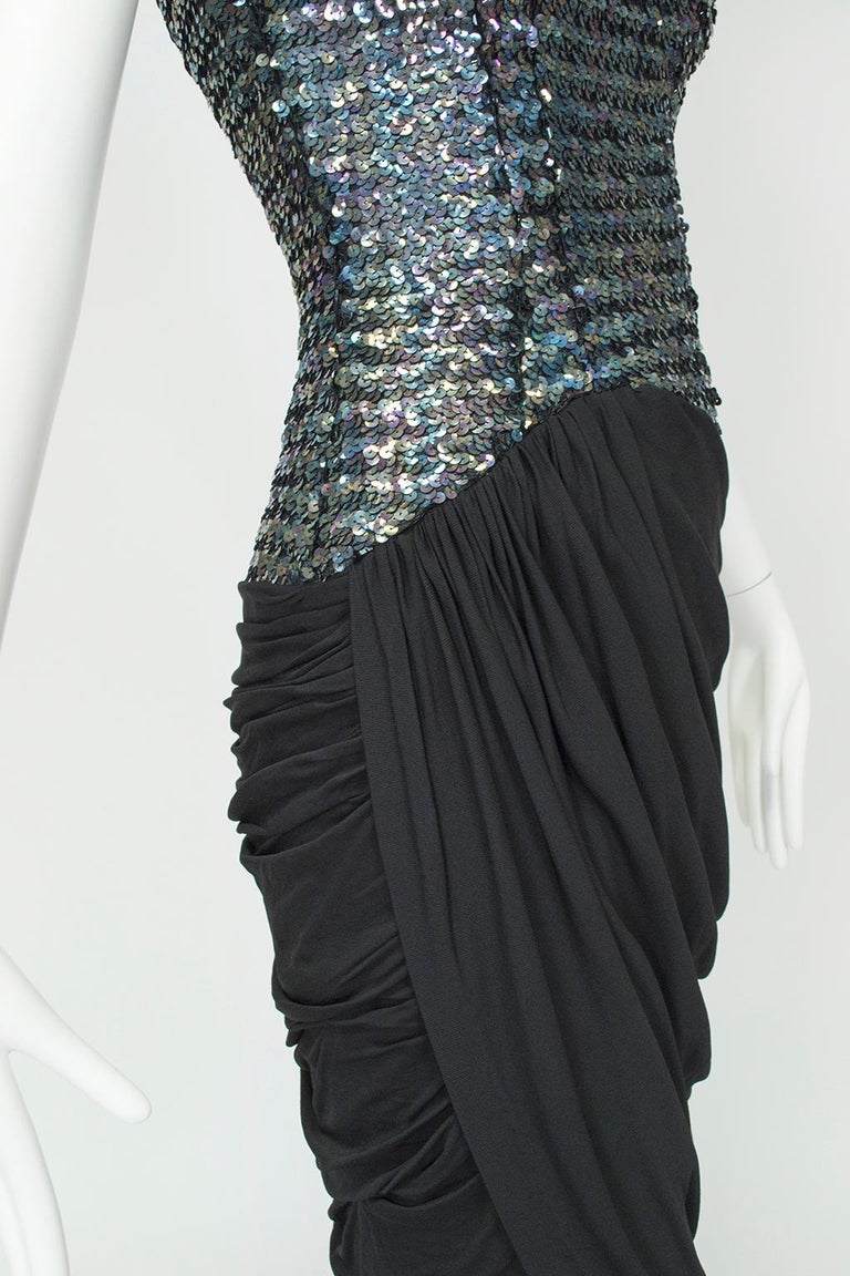 Black Fish Scale Sequin Sheath Dress with Draped Ruched Hobble Skirt ...