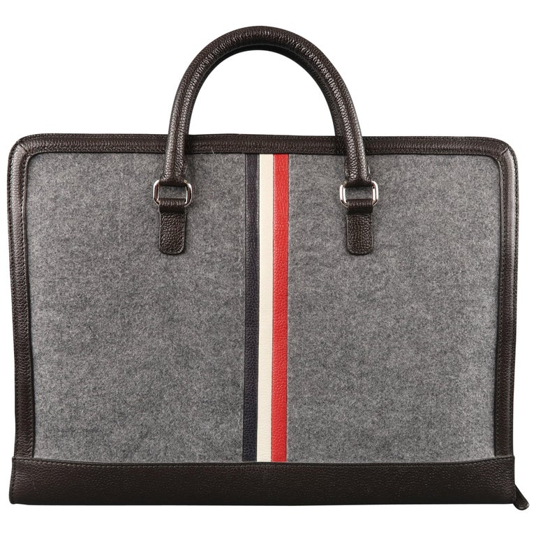BLACK FLEECE Heather Gray Felt and Brown Leather Stripe Briefcase at ...