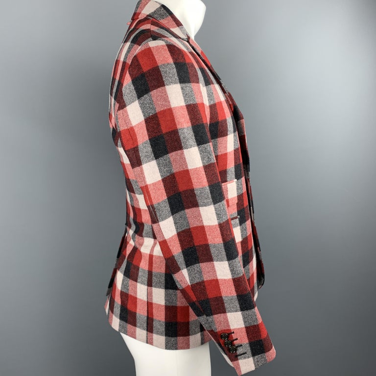 Black Fleece Size 38 Notch Lapel Red Checkered Plaid Wool Sport Coat At
