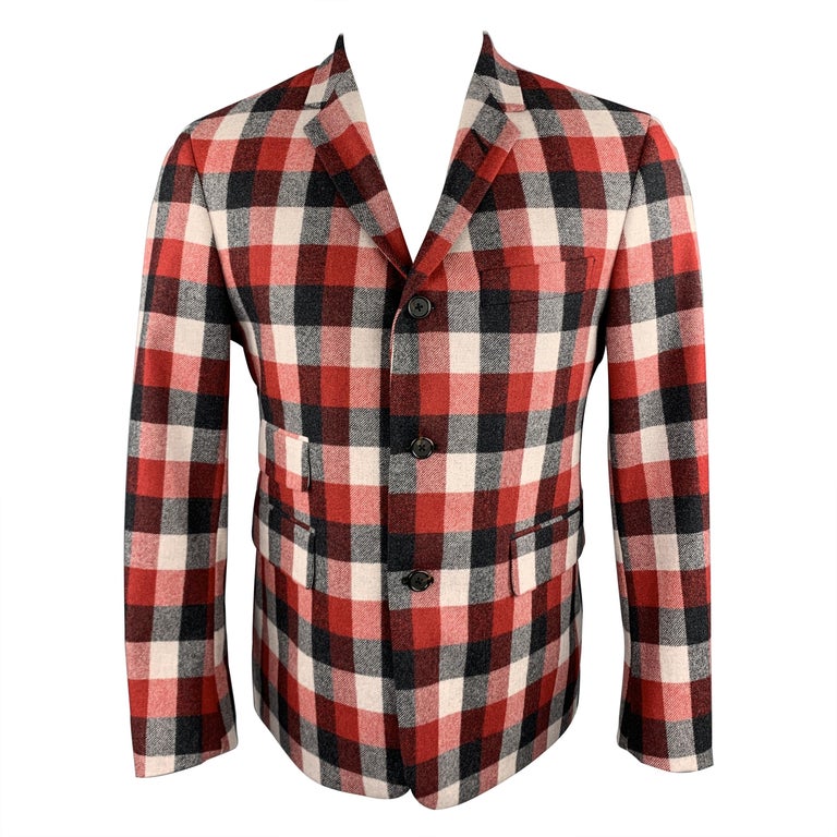 Black Fleece Size 38 Notch Lapel Red Checkered Plaid Wool Sport Coat At