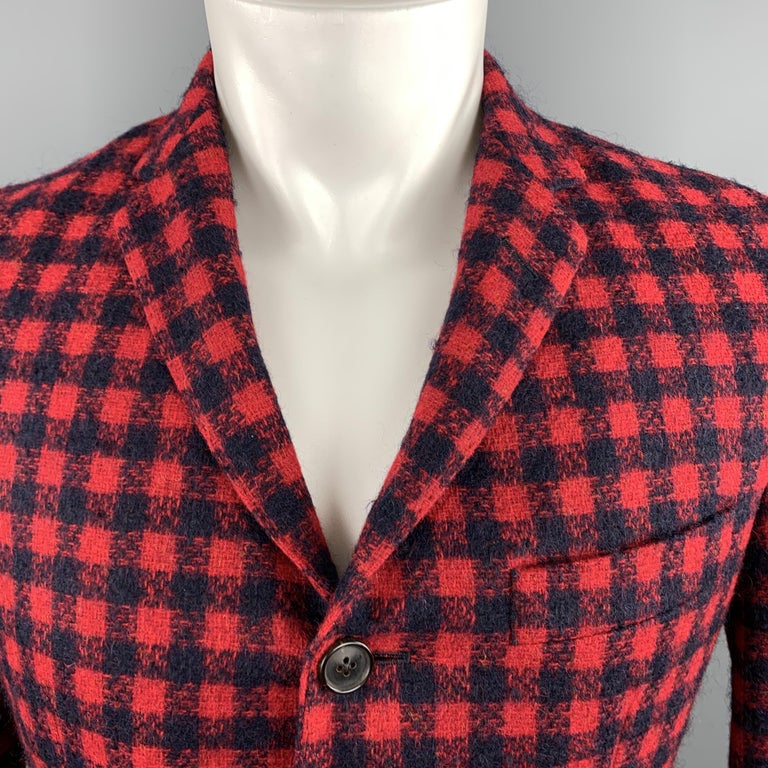 Black Fleece Size 38 Red And Navy Checkered Plaid Tweed Sport Coat At