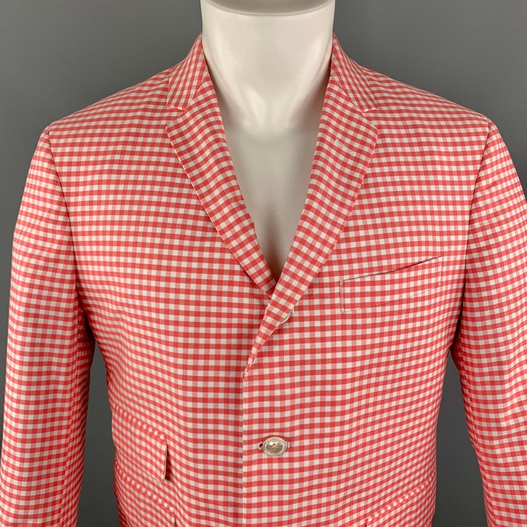 Black Fleece Size 40 Coral And White Checkered Cotton Notch Lapel Sport