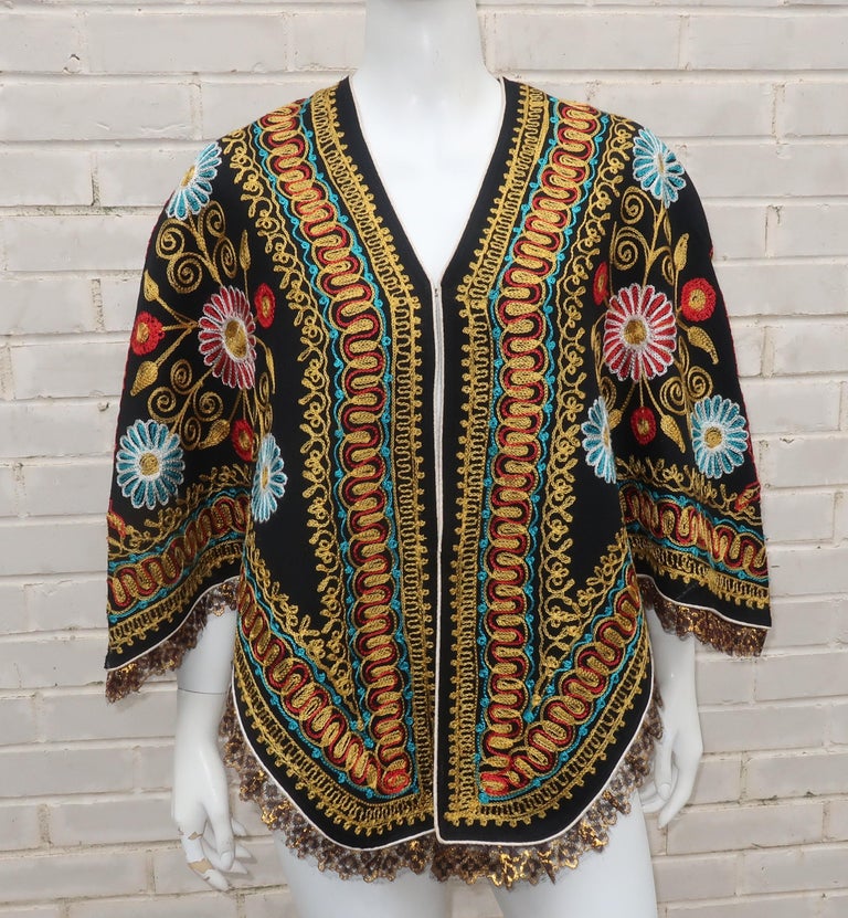 Black Floral Embroidered Bohemian Cape, 1970's For Sale at 1stDibs