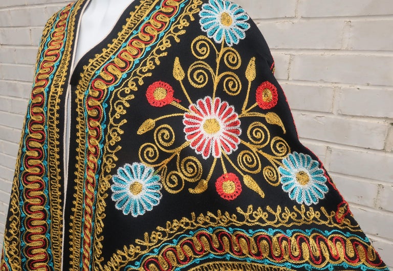 Black Floral Embroidered Bohemian Cape, 1970's For Sale at 1stDibs