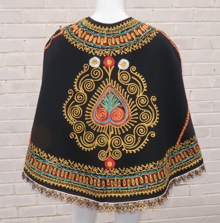Black Floral Embroidered Bohemian Cape, 1970's For Sale at 1stDibs