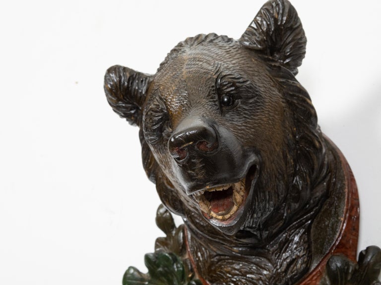 Black Forest 1880s Carved and Painted Wooden Bear's Head Wall Hanging ...