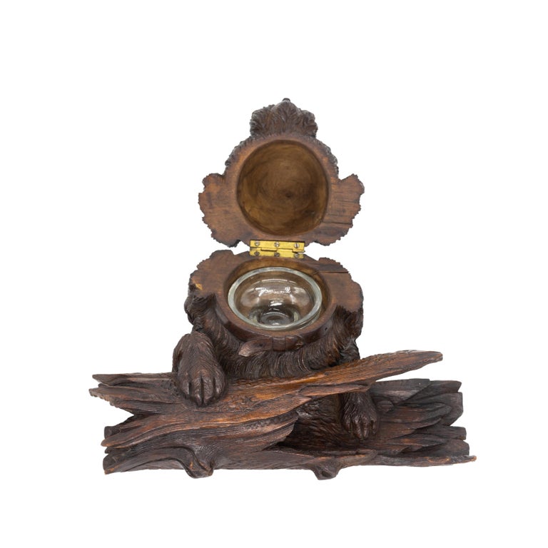 Black Forest Carved Large Terrier Inkwell, Hinged Lid, Exceptional ...