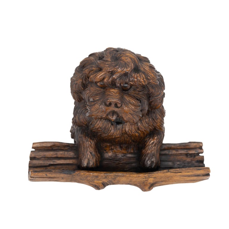 Black Forest Carved Terrier Inkwell, Hinged Lid, with Pen Tray, Swiss ...