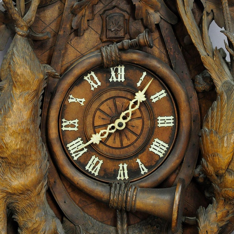 Black Forest Carved Wood Cuckoo Clock with Large Stag Head at 1stDibs