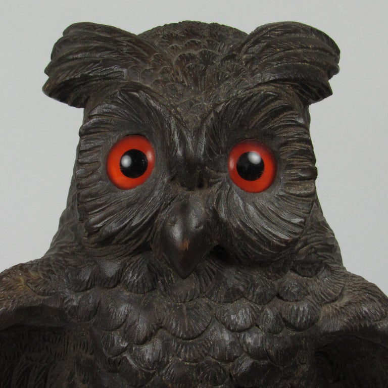 Black Forest Folk Art Carved Owl with Glass Eyes Signed Phi Sigma, 1927 ...