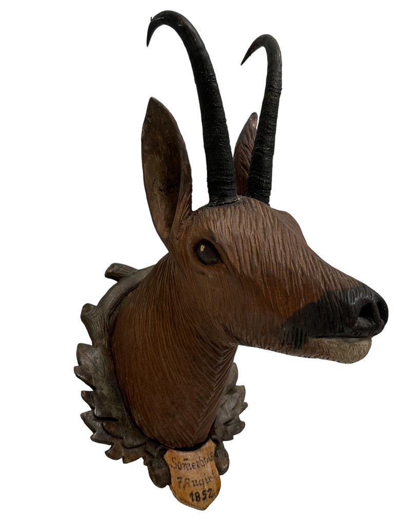 Black Forest Folk Art Carved Wood Chamois Head with Real Horns, 19th ...