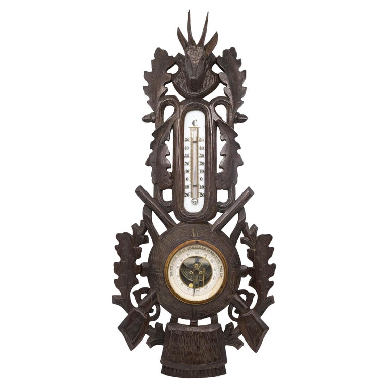 Black Forest Hand-Carved Barometer with Deer Head, Guns, and Game Bag ...