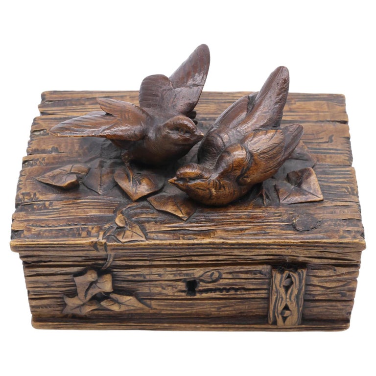 Black Forest Hand-Carved Walnut Rustic Box with Love Birds, Swiss, ca ...