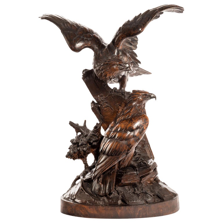 ‘Black Forest’ Linden Wood Carving of a Pair of Falcons For Sale at 1stDibs
