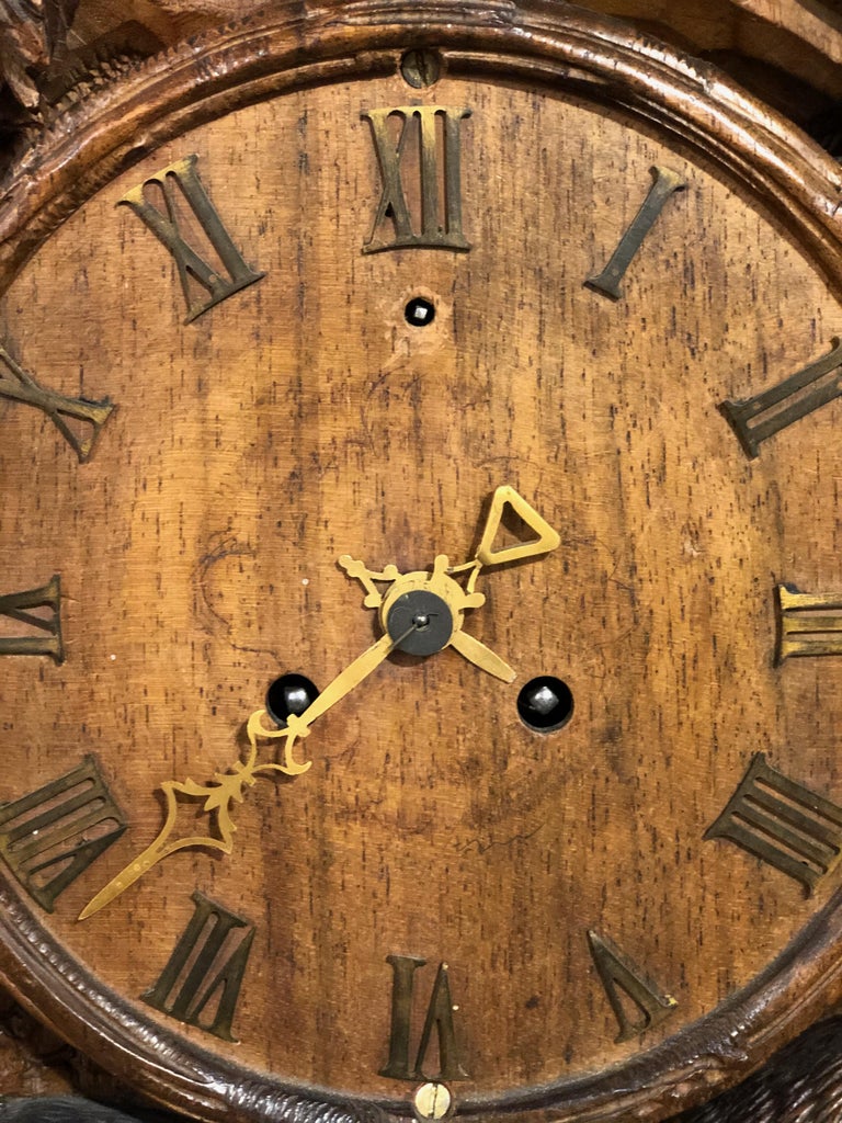 Black Forest Swiss Hand-Carved Wooden Musical Clock with Hound and Hare ...
