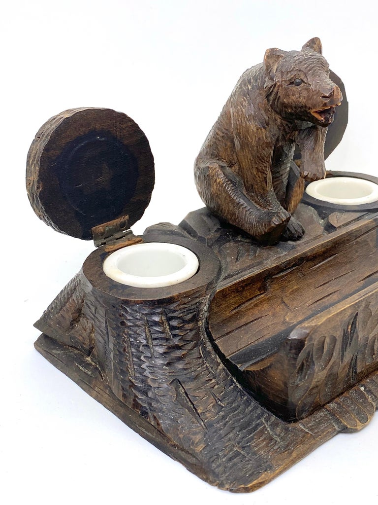 Black Forest Wood Carved Brienz Bear Inkwell German Vintage, 1890s at ...
