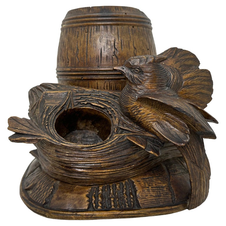 Black Forest Wood Carved Brienz Bird Pen Holder Inkwell Catchall German ...