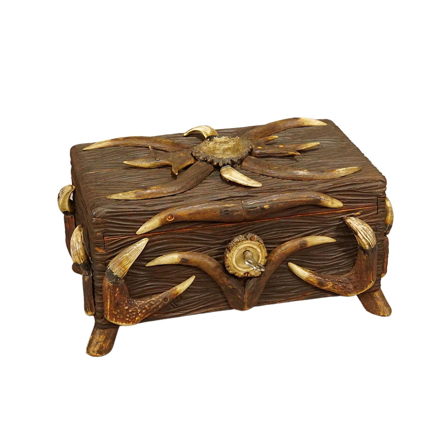 Black Forest Wooden Casket with Antlers Decoration, circa 1900s For ...