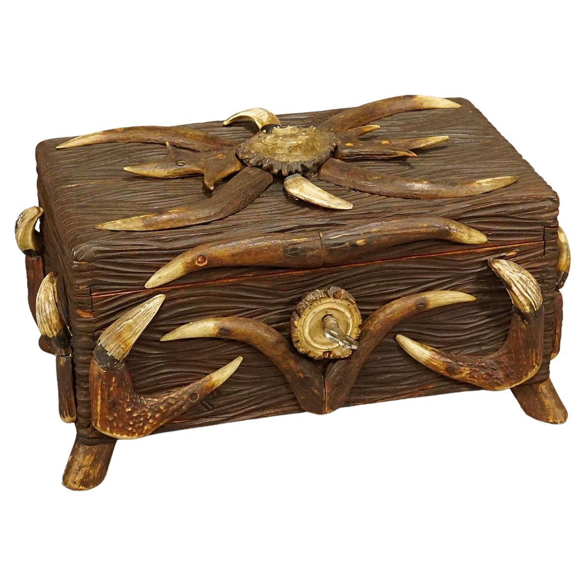 Black Forest Wooden Casket with Antlers Decoration, circa 1900s For ...