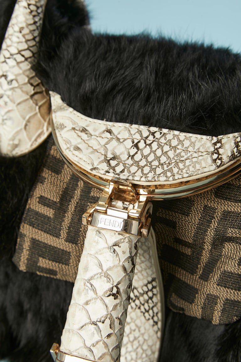 Black fur, snake pattern leather and branded nylon hand bag FENDI For ...