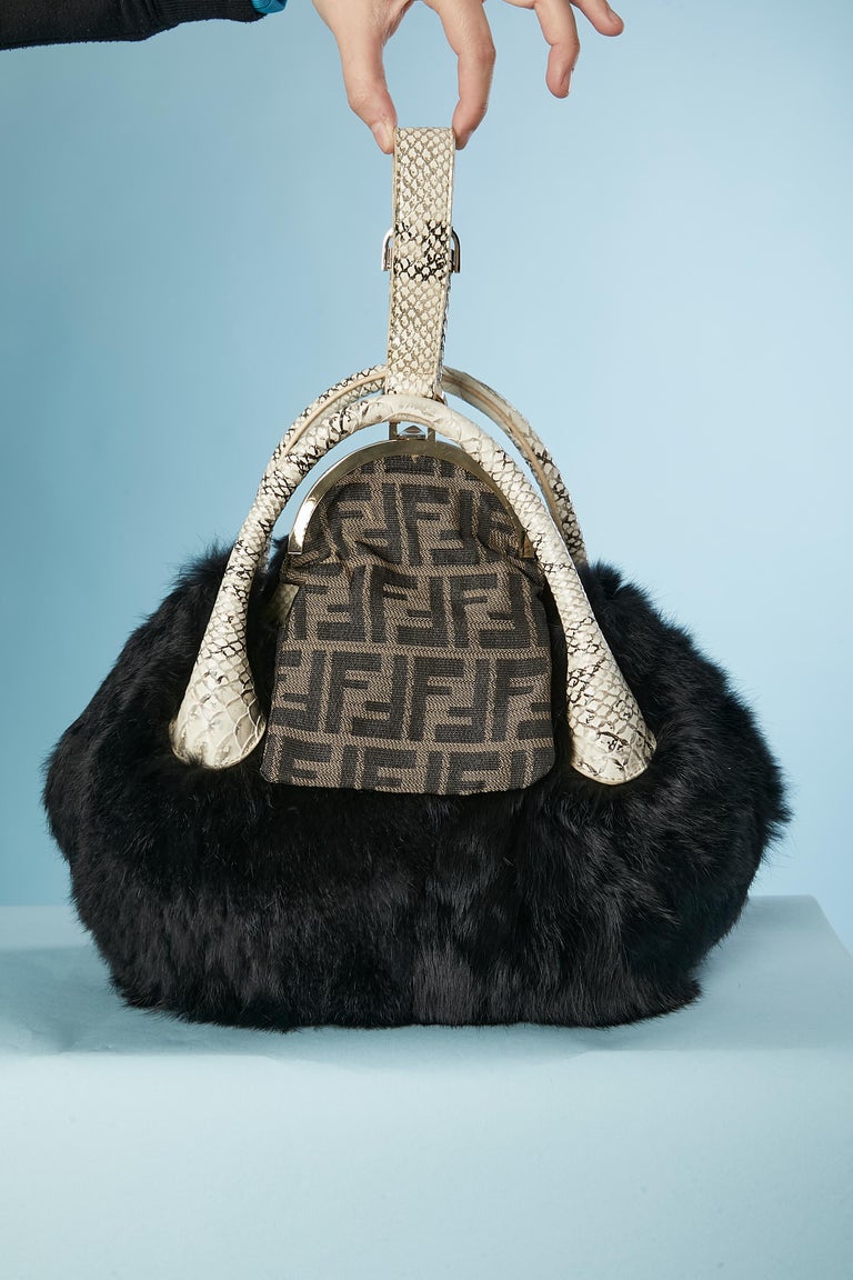 Black fur, snake pattern leather and branded nylon hand bag FENDI For ...