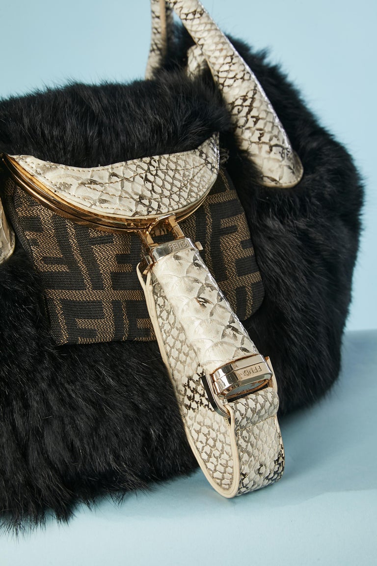 Black fur, snake pattern leather and branded nylon hand bag FENDI For ...