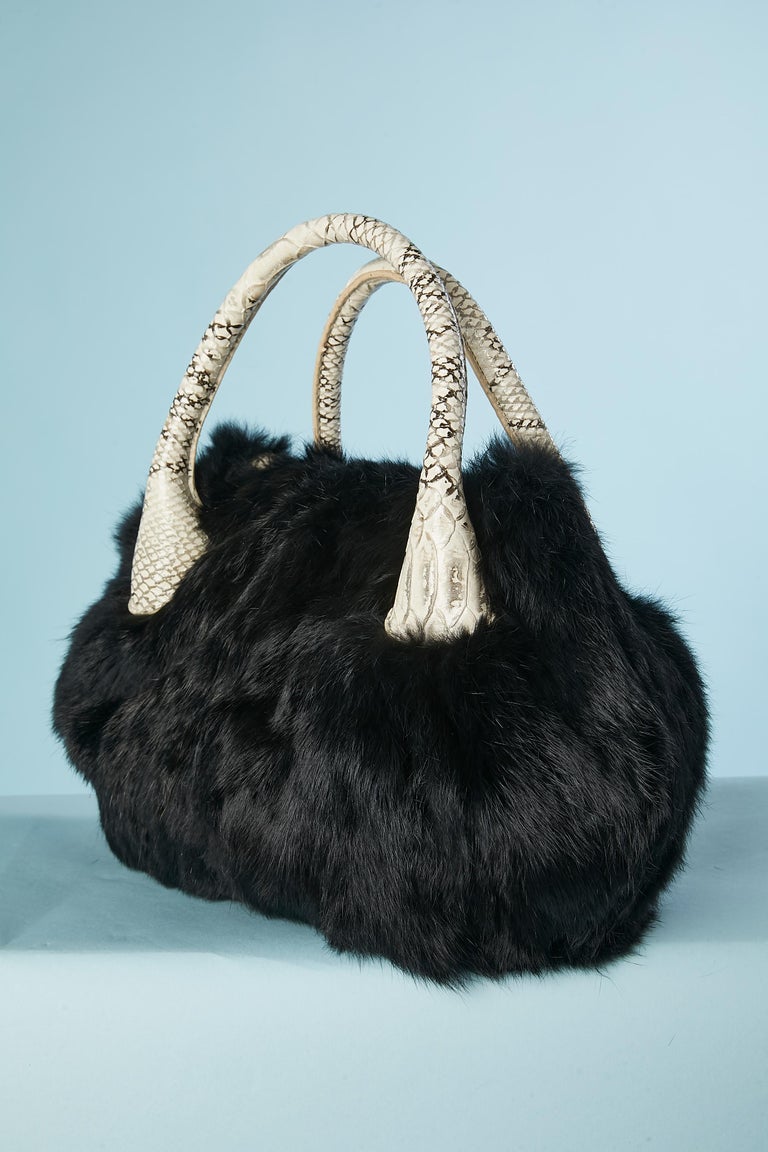 Black fur, snake pattern leather and branded nylon hand bag FENDI For ...