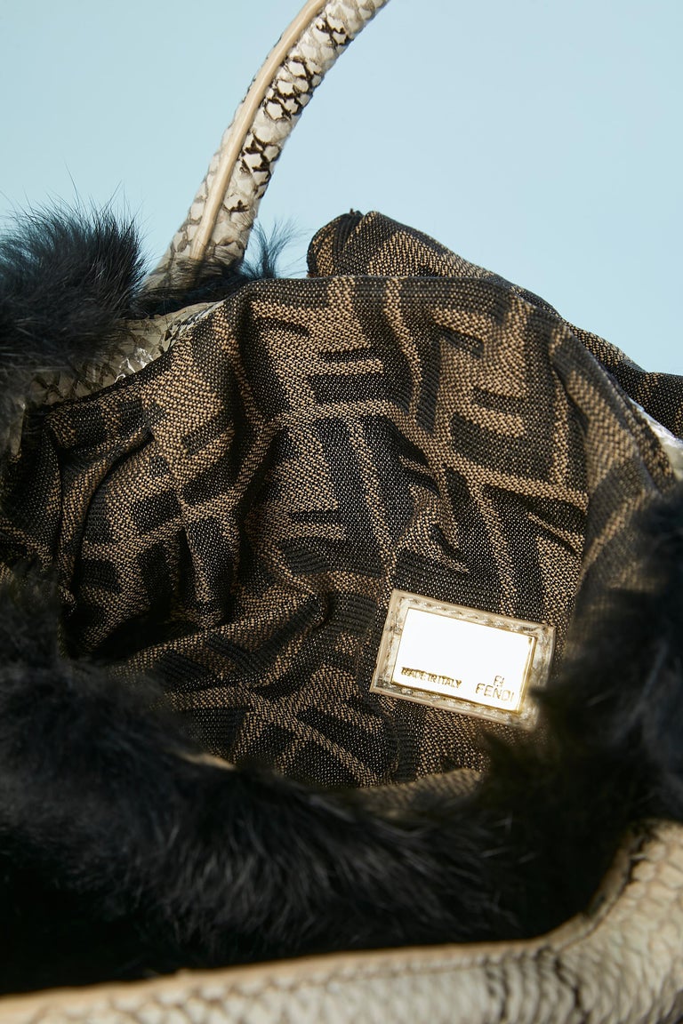 Black fur, snake pattern leather and branded nylon hand bag FENDI For ...