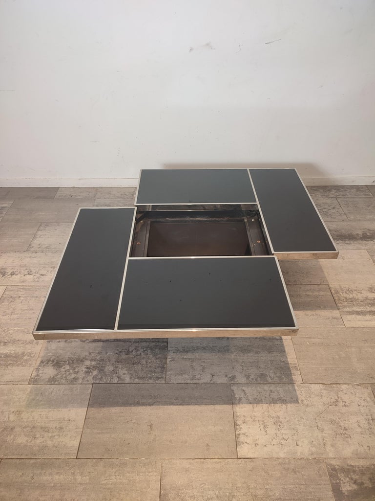 Black Glass and Chrome Coffee Table with Hidden Bar from Willy Rizzo ...