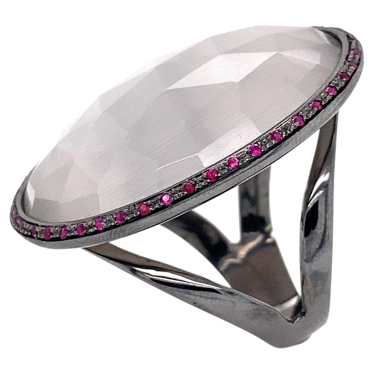 "Marquee" Ring with Partial Ruby Halo framing Green Quartz in 18 Karat ...