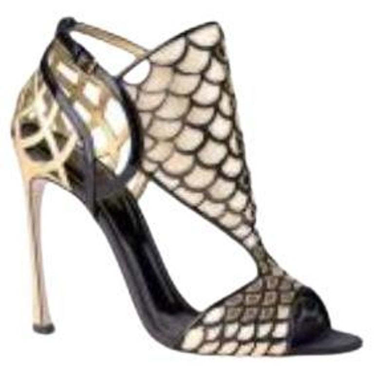Black and Gold Fish Scale Heeled Sandals For Sale at 1stDibs | gold ...
