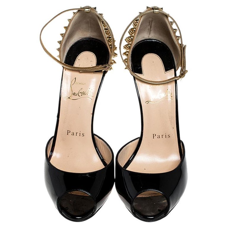 Black/Gold Patent Leather Pina Spike Peep Toe Ankle Strap Sandals Size ...
