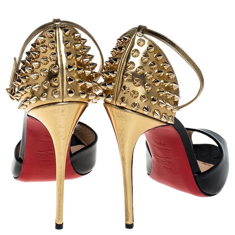 Black/Gold Patent Leather Pina Spike Peep Toe Ankle Strap Sandals Size ...