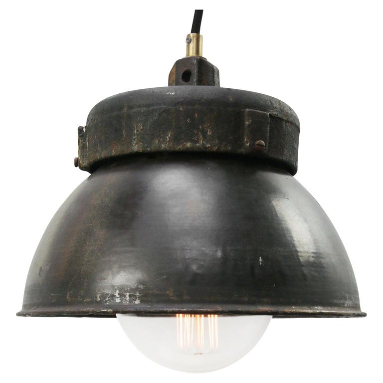 Black Gray Enamel Vintage Industrial Cast Iron Pendant Lights at 1stDibs