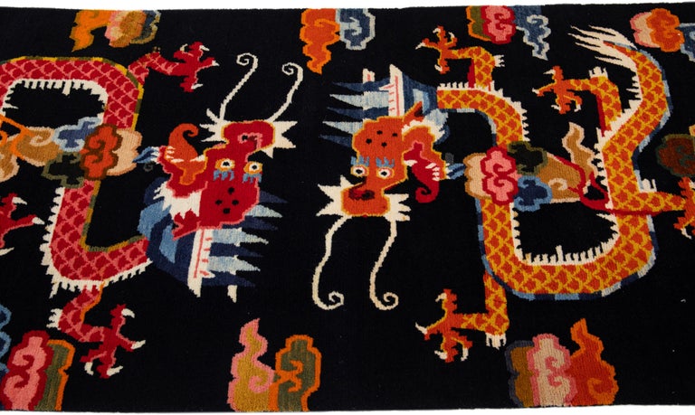 Black Handmade Vintage Chinese Peking Scatter Wool Rug with Traditional ...
