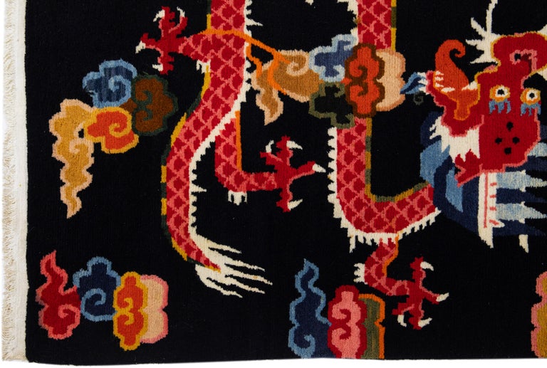 Black Handmade Vintage Chinese Peking Scatter Wool Rug with Traditional ...