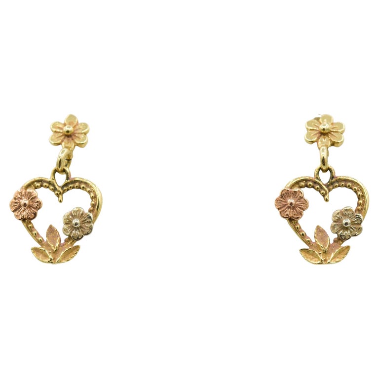 Black Hills Gold 14k Tri Color Heart with Flower Dangle Earrings 1.7 ...