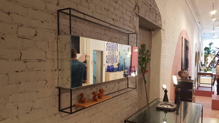 Black Horizontal Frame Minimal Contemporary Mirror with Movable Oak ...