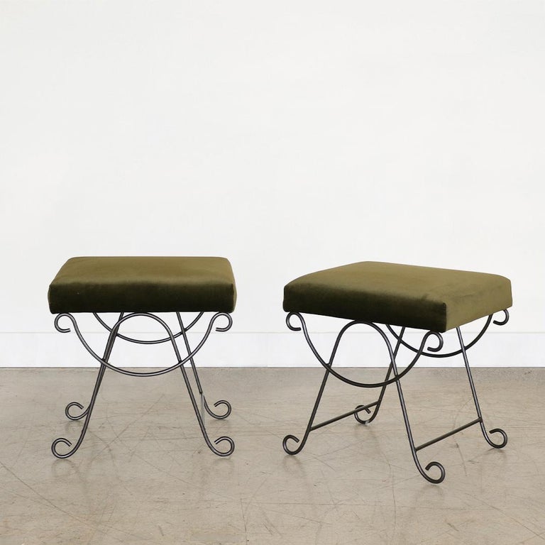 Black Iron Loop Stool with Green Velvet For Sale at 1stDibs