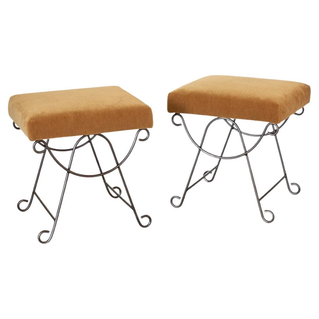 Black Iron Loop Stool with Brown Mohair For Sale at 1stDibs