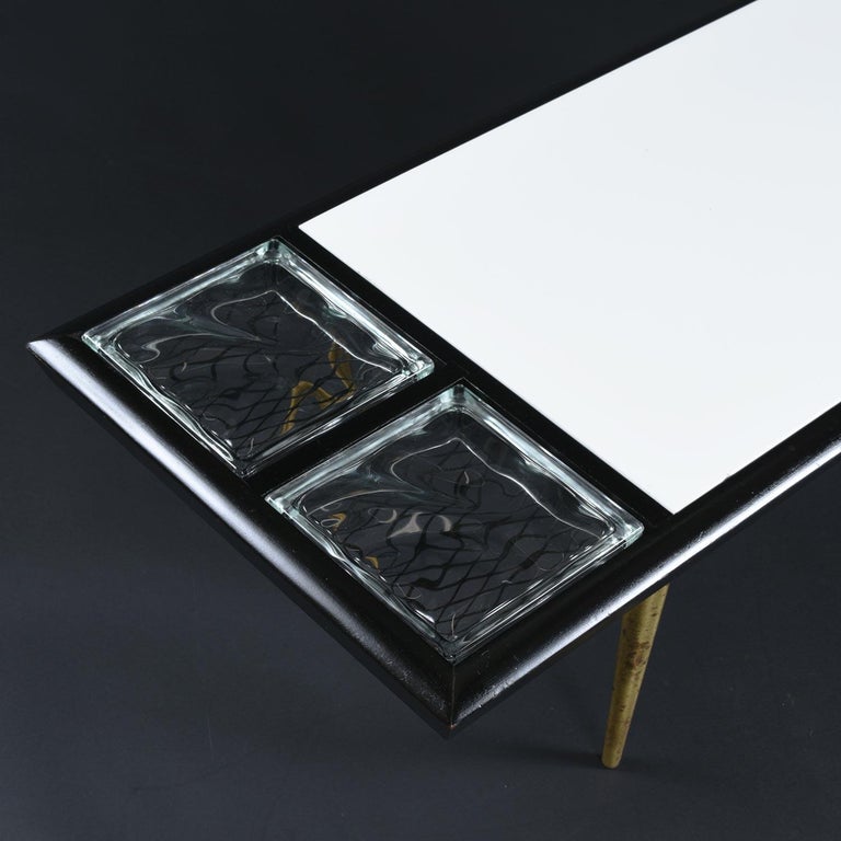 Black Lacquer and White Slate Glass Block Coffee Table with Brass Legs ...