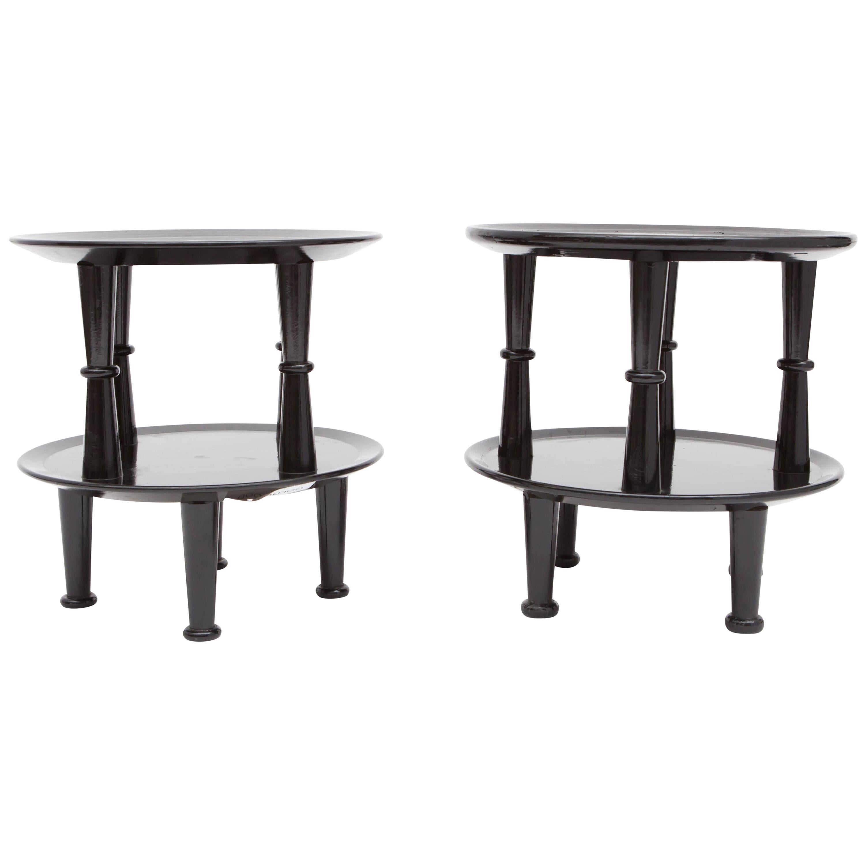 Round French Art Deco Mahogany Side Table With Black Lacquer With Three 